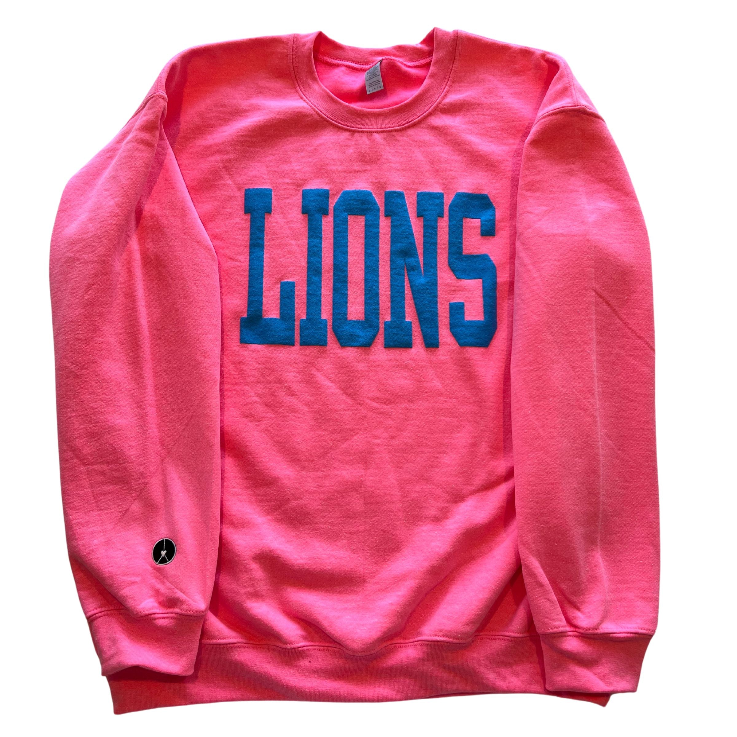 Neon Pink Crewneck With Blue Lions Puff – LovePeaceThreads